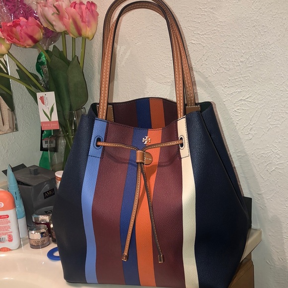 Tory Burch | Bags | Tory Burch Kerrington Stripe Drawstring Bucket Tote ...